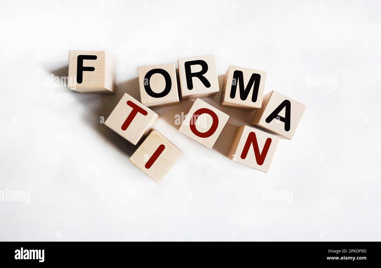 FORMATION word made from wooden blocks on a white background Stock ...