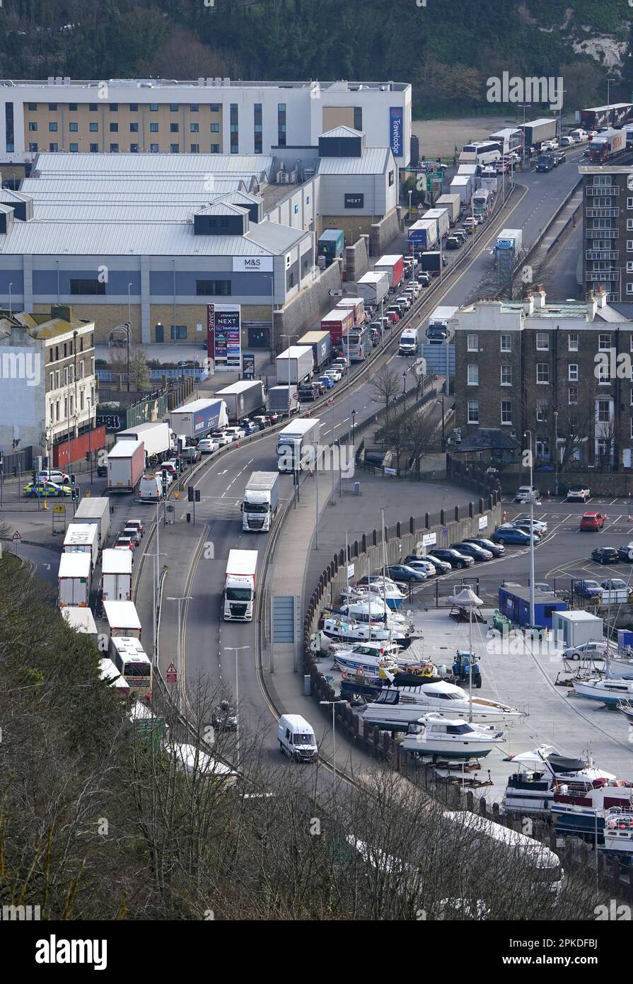 Traffic queuing through Dover in Kent to access the ferry terminal at ...