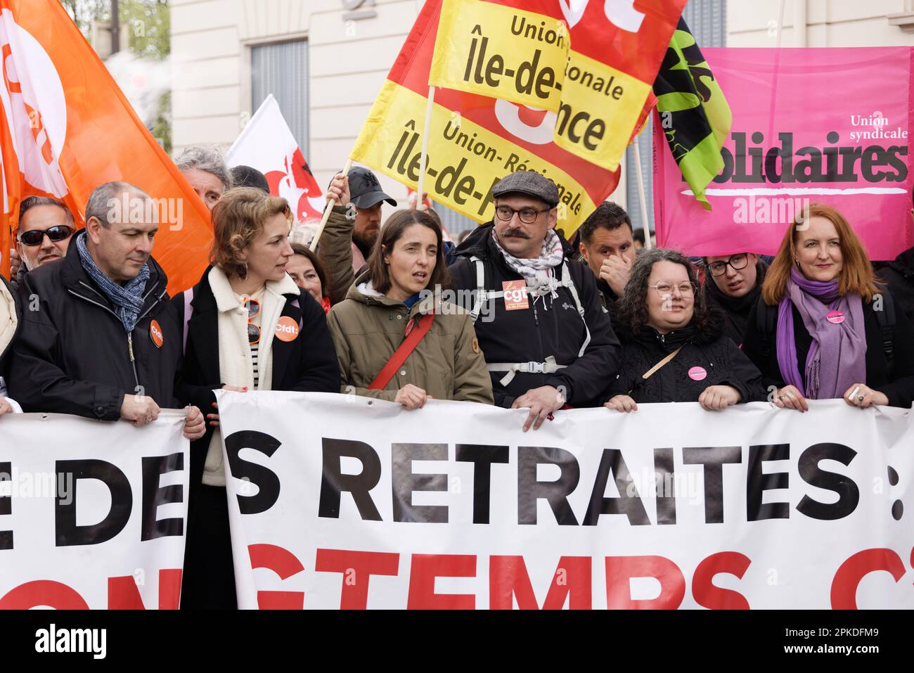 Paris, France. 6th Apr, 2023. Laurent Berger (CFDT), Sophie Binet (CGT ...