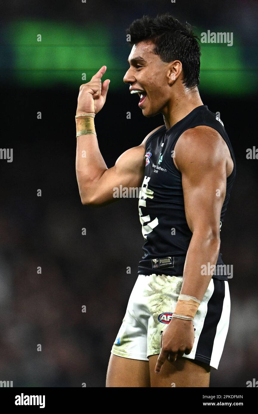 Jesse Motlop of Carlton celebrates scoring a goal during the AFL Round ...