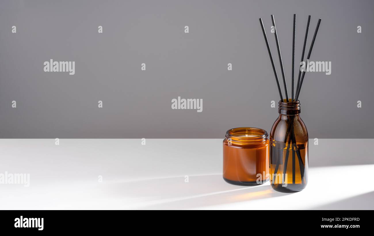 Aroma diffuser with natural essential oil, soy wax candle in a Amber ...