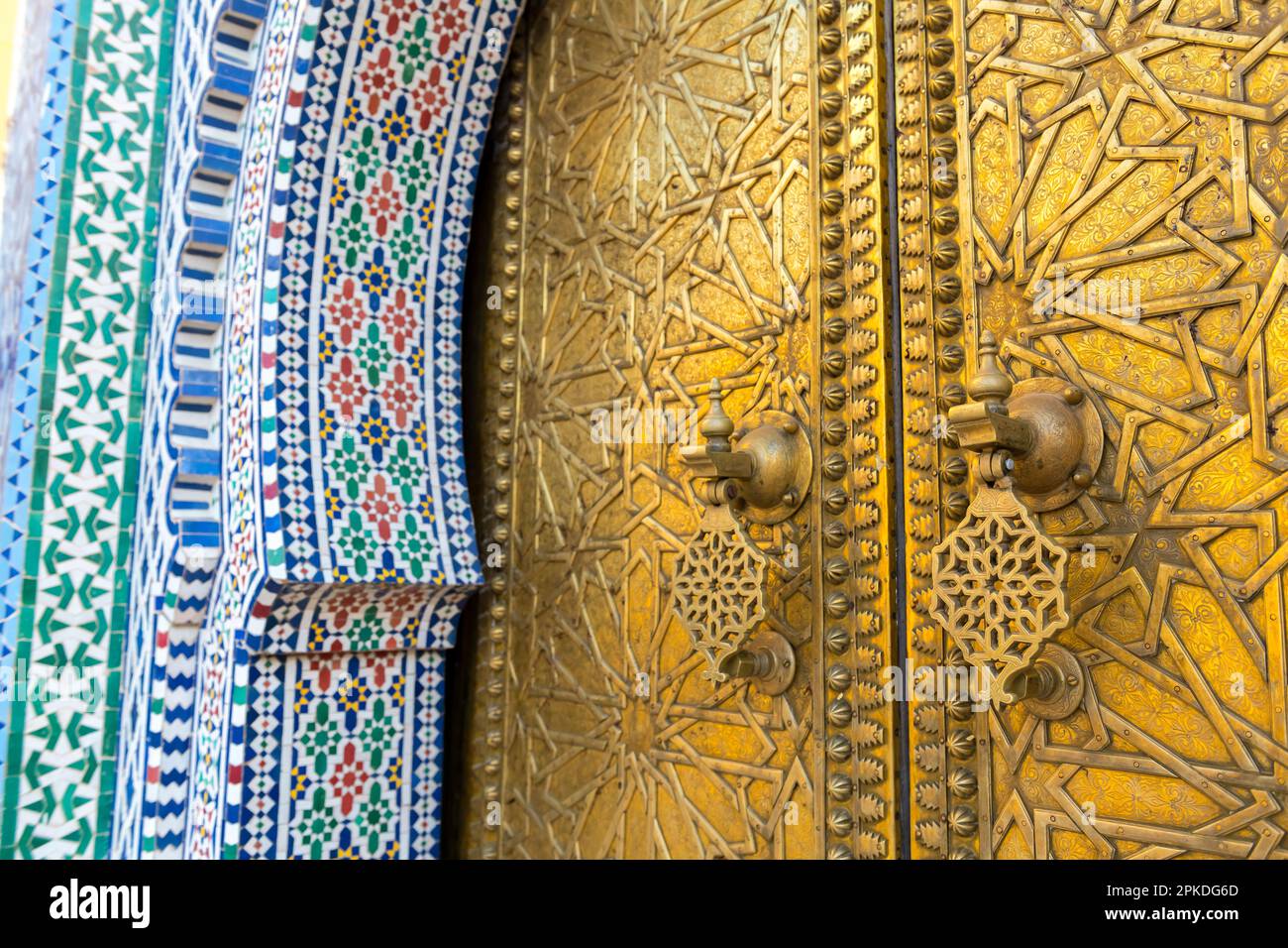 Detail view of the golden door to the Royal Palace in Fes, Morocco ...