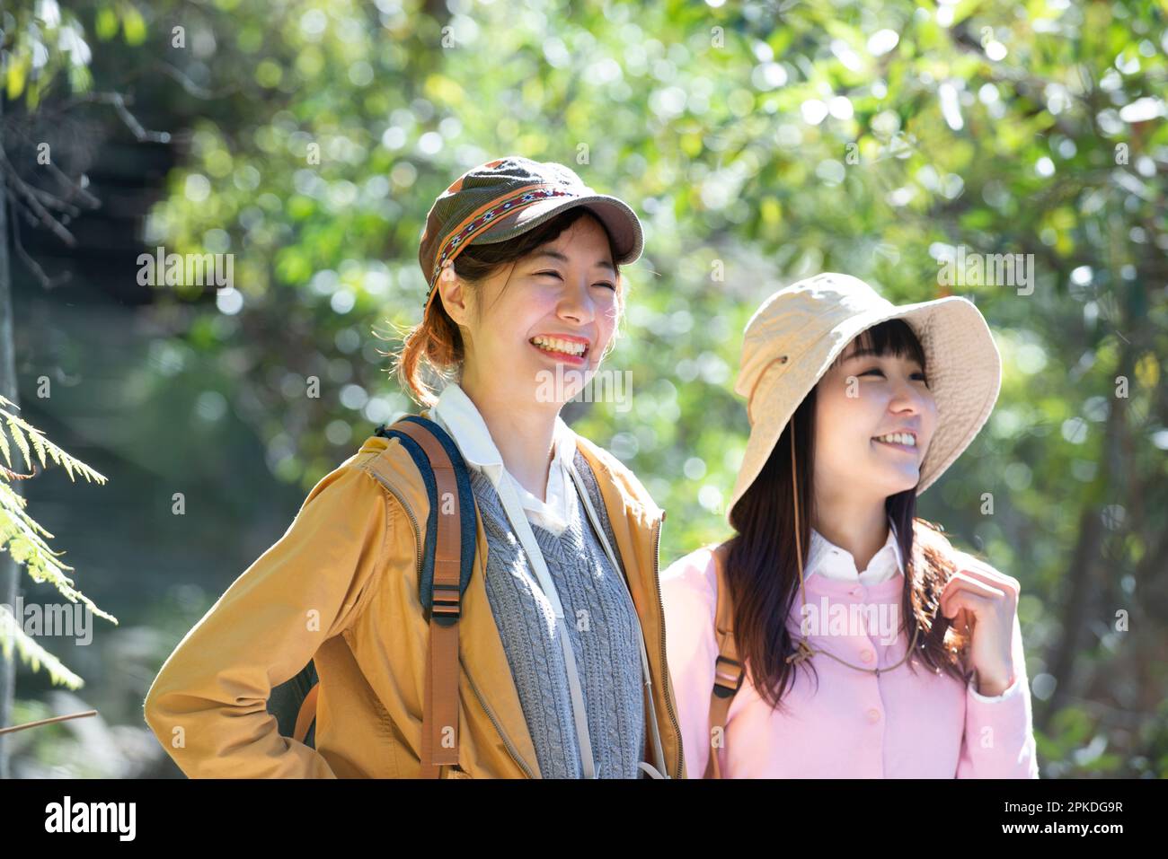 Two women hiking in the forest Stock Photo - Alamy
