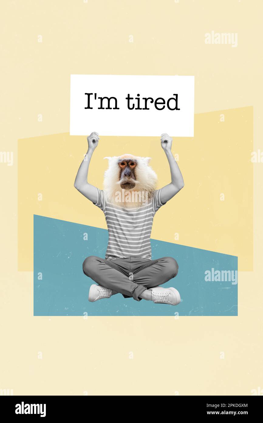 Vertical collage metaphor of head man monkey mask tired feel stupid ... Vertical collage metaphor of head man monkey mask tired feel stupid ...