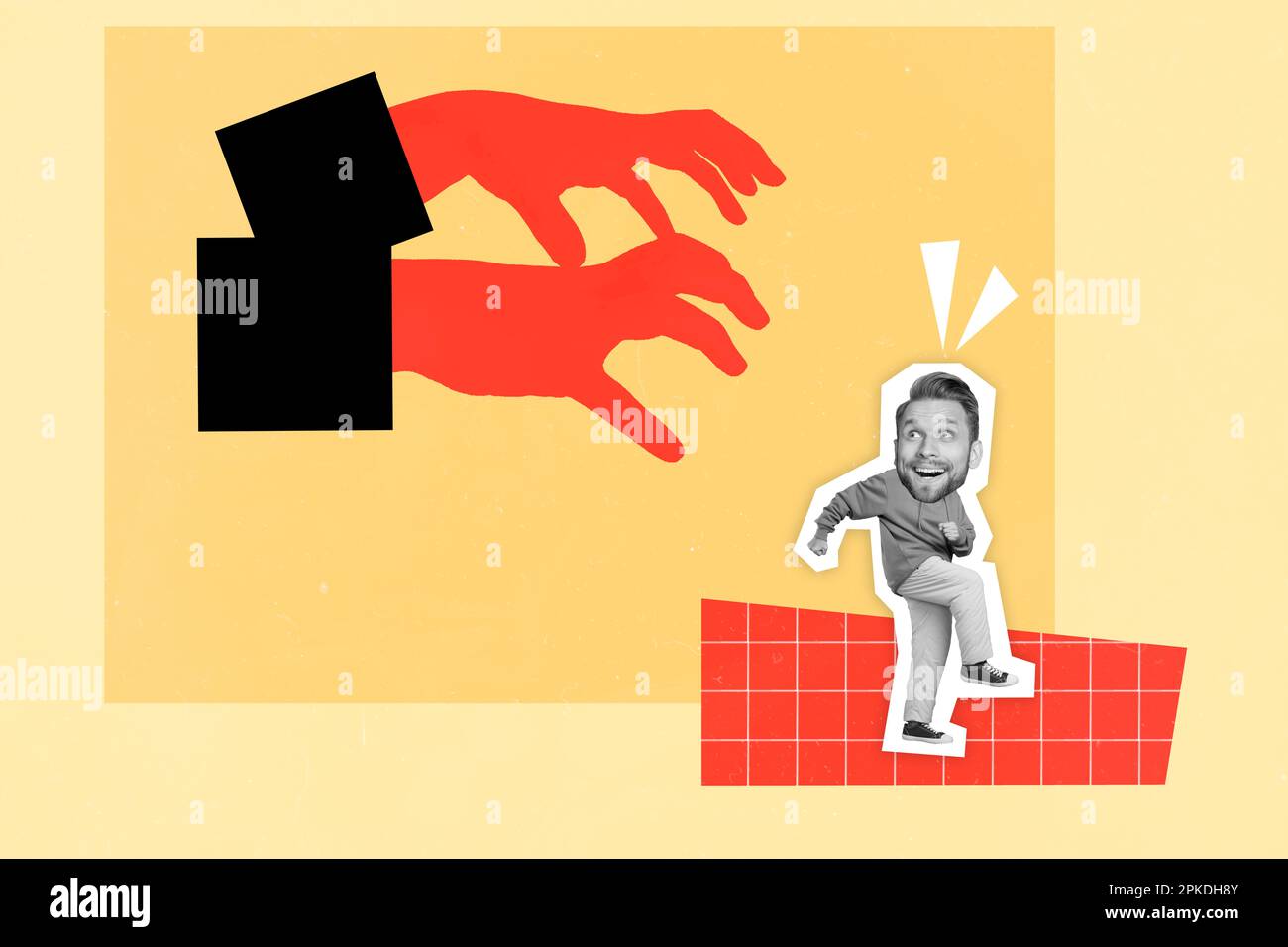 Collage young guy run away from hands catching him hurry up fast speed ...