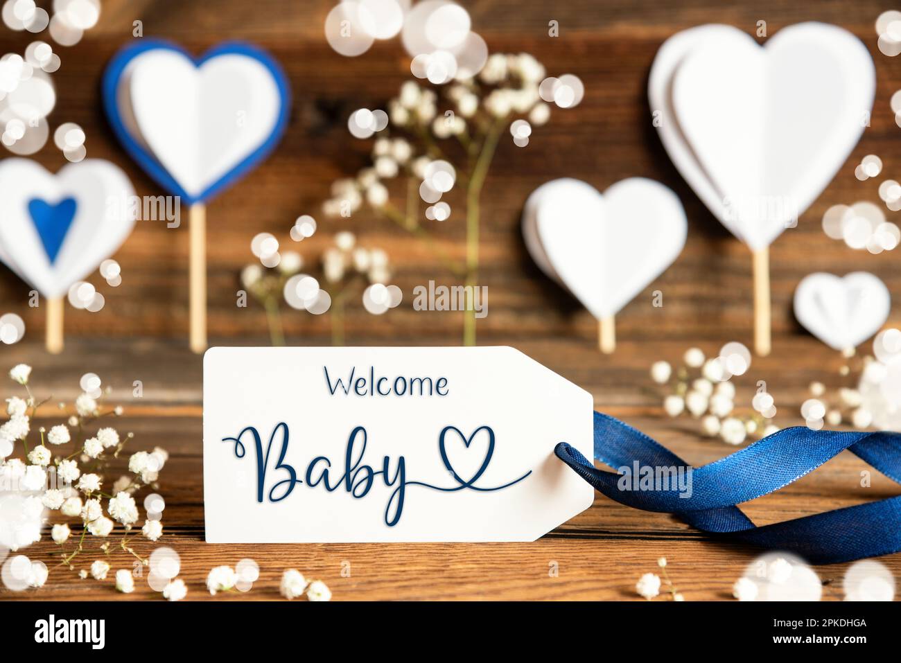 Label With White Decoration, Heart, Flower, Text Welcome Baby Stock ...