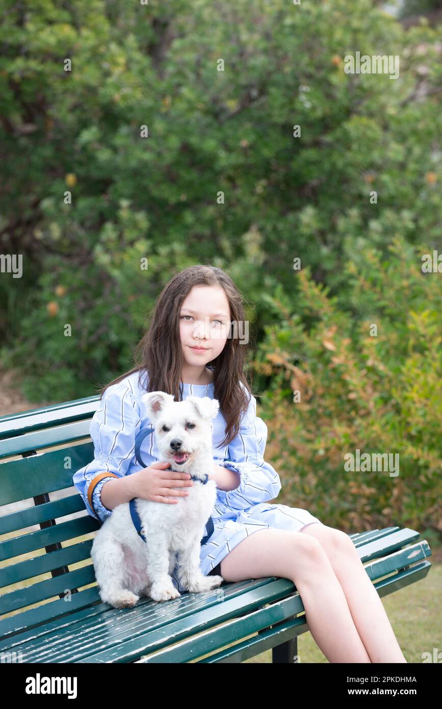 Half girl sitting with dog Stock Photo - Alamy