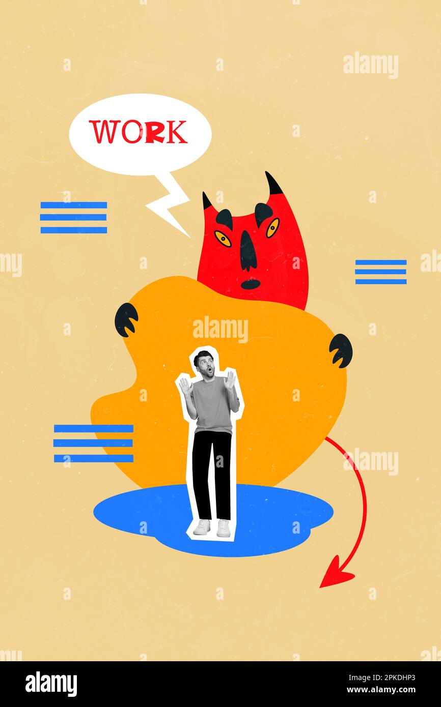 Composite photo collage motivation for young overwhelmed guy working ...