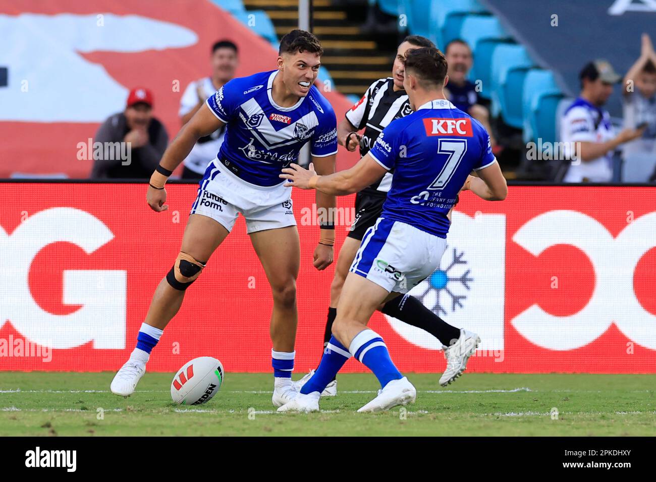 Jake Averillo of the Bulldogs celebrates a try during the NRL Round 6 ...