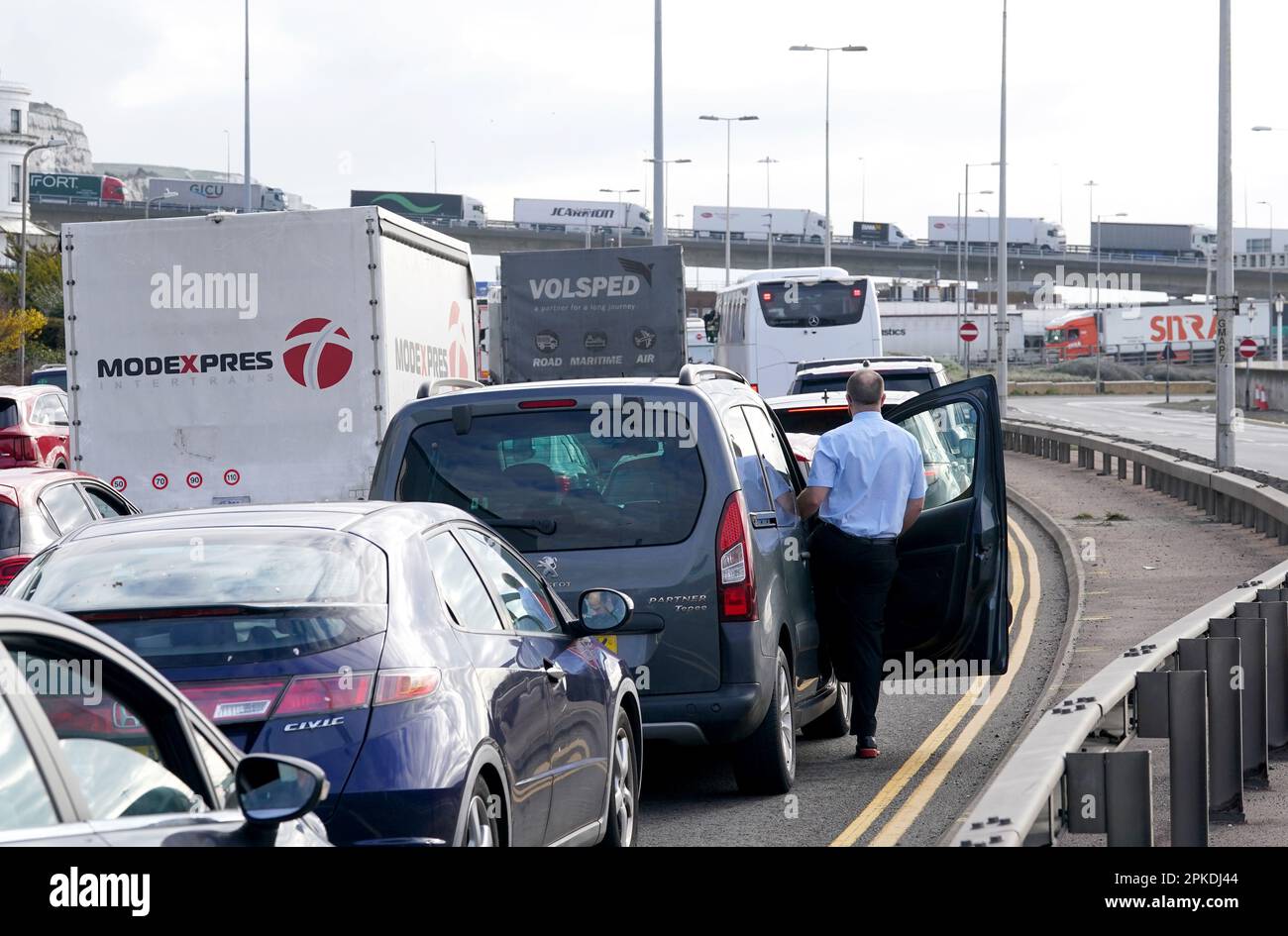 Traffic queuing through Dover in Kent to access the ferry terminal as the getaway continues for ...