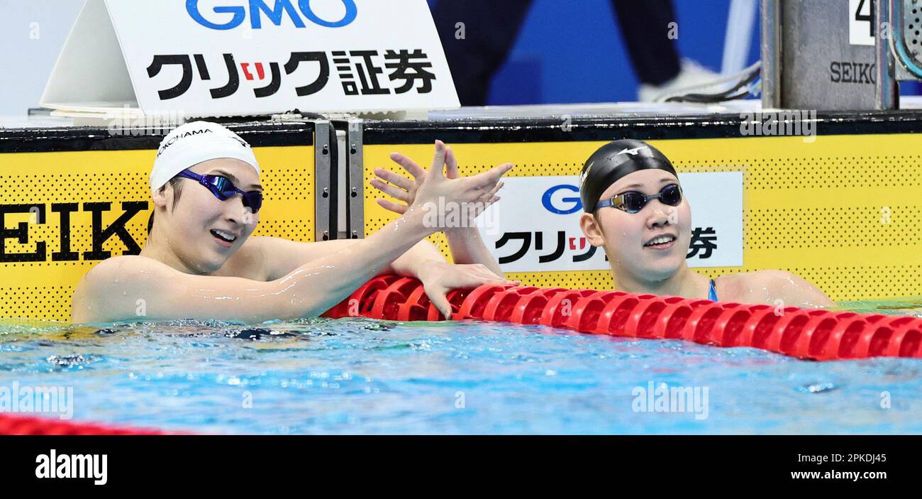 Japanese swimmer Rikako Ikee (L) celebrates after finishing the women's ...