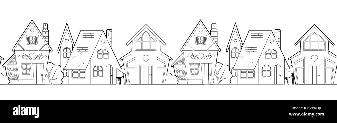 Vector seamless border with a contour country houses on white ...