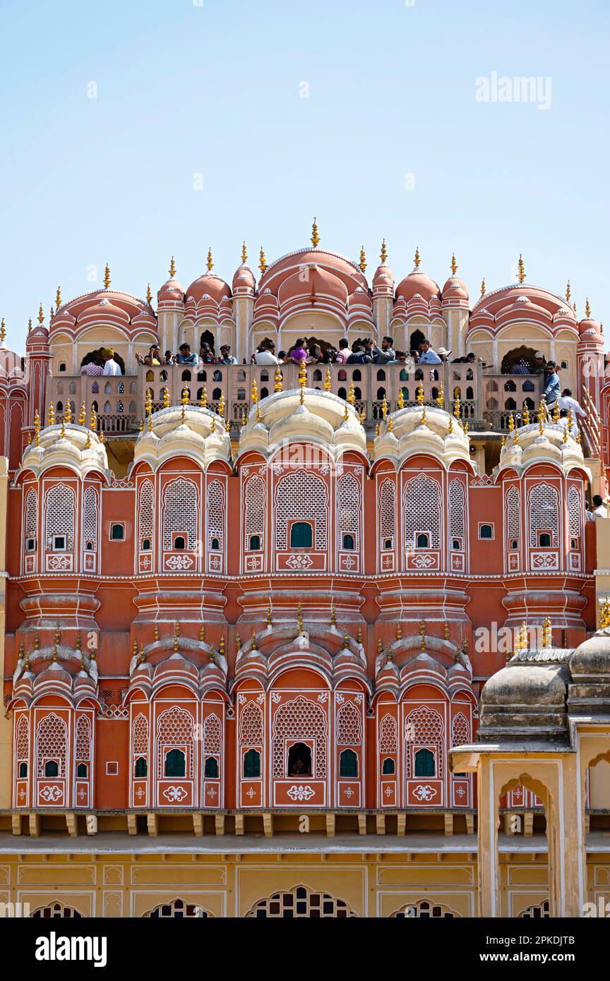 Interiors of the Hawa Mahal or Wind Palace, built from red and pink ...