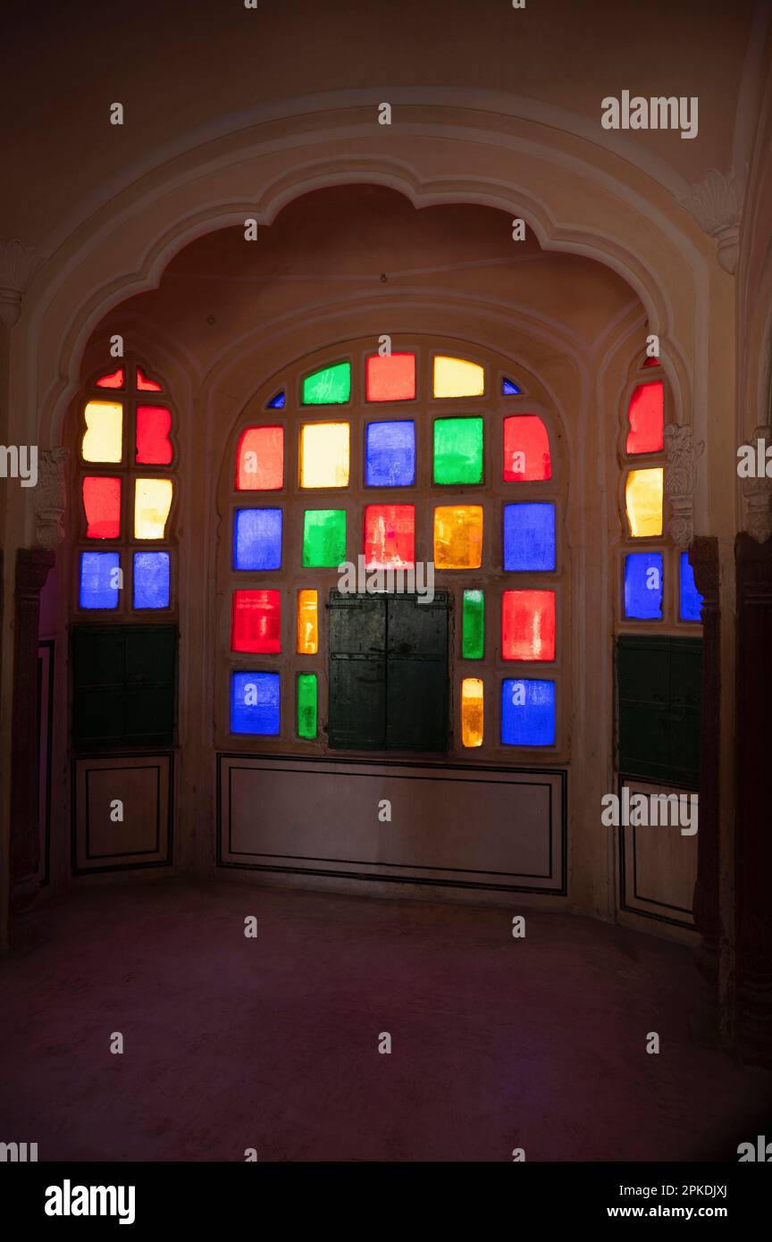 Colourful small windows, interiors of the Hawa Mahal (Wind Palace), is ...