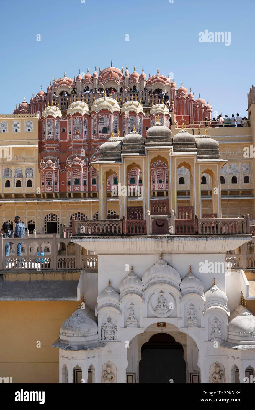 Interiors of the Hawa Mahal or Wind Palace, built from red and pink ...