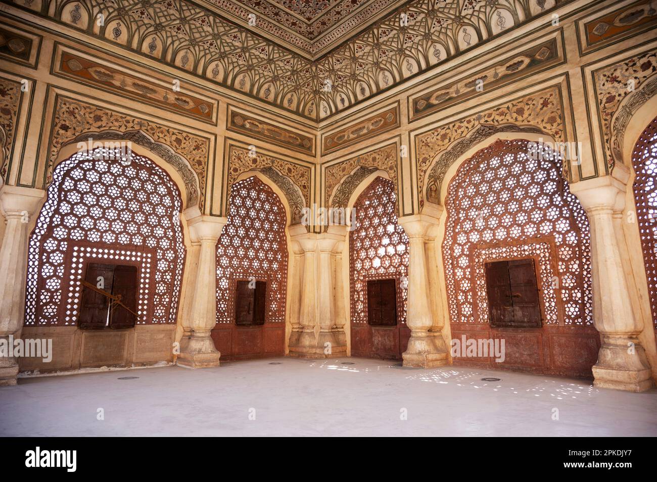 Interiors of the Hawa Mahal or Wind Palace, built from red and pink ...