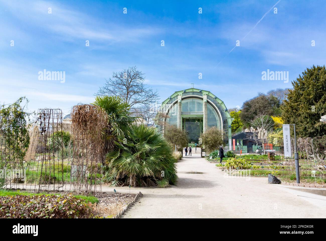 Paris, France, A landscape with the greenhouse and gardens in Jardin ...