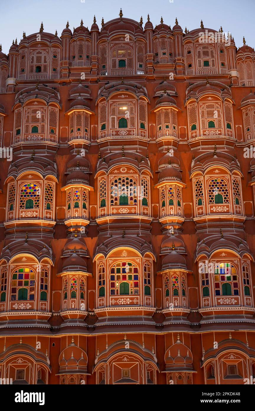 Exteriors of the Hawa Mahal or Wind Palace, built from red and pink ...