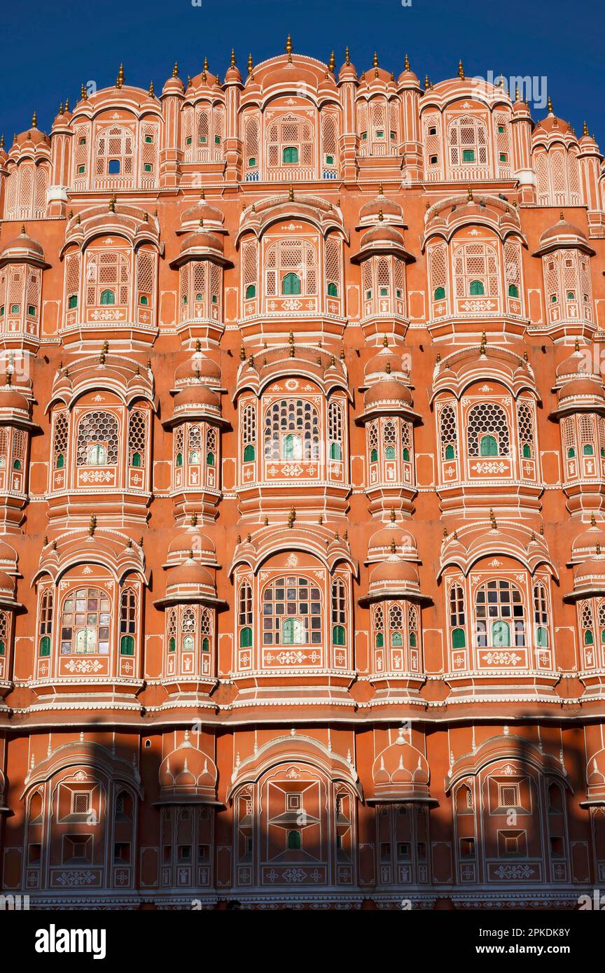 Exteriors of the Hawa Mahal or Wind Palace, built from red and pink ...