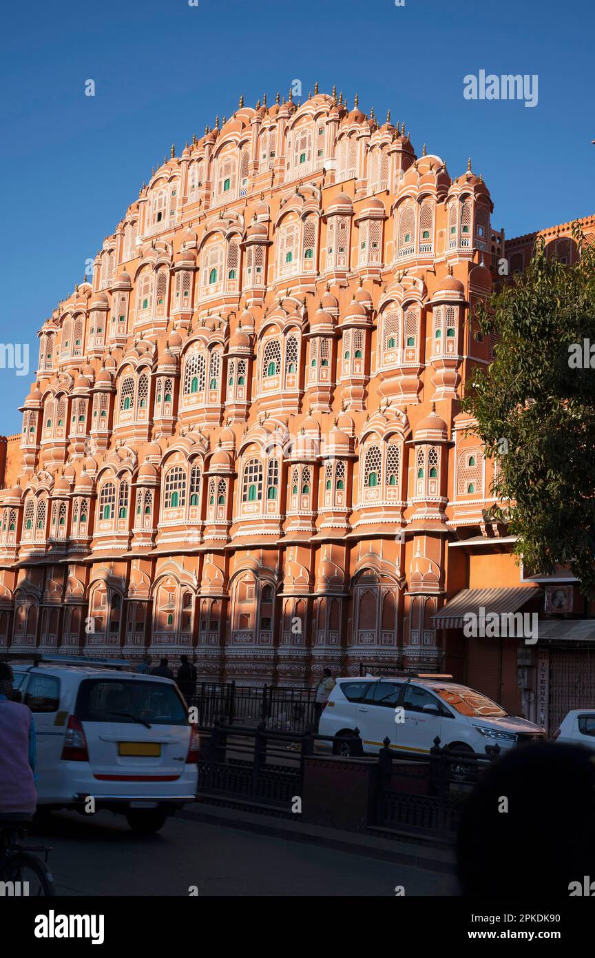 Exteriors of the Hawa Mahal or Wind Palace, built from red and pink ...