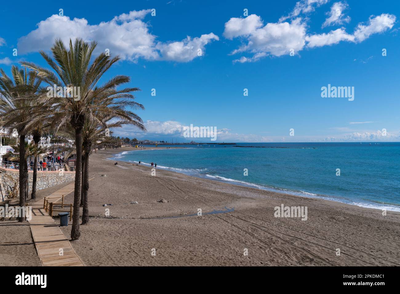 Playa de Santa Ana beach and palm trees Benalmadena Spain Costa Del Sol ...