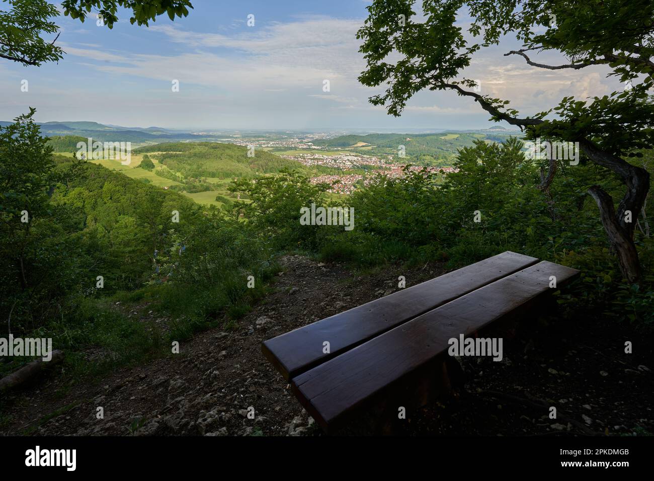Wooden bench to take a break. Panoramic view of the city (Donzdorf ...
