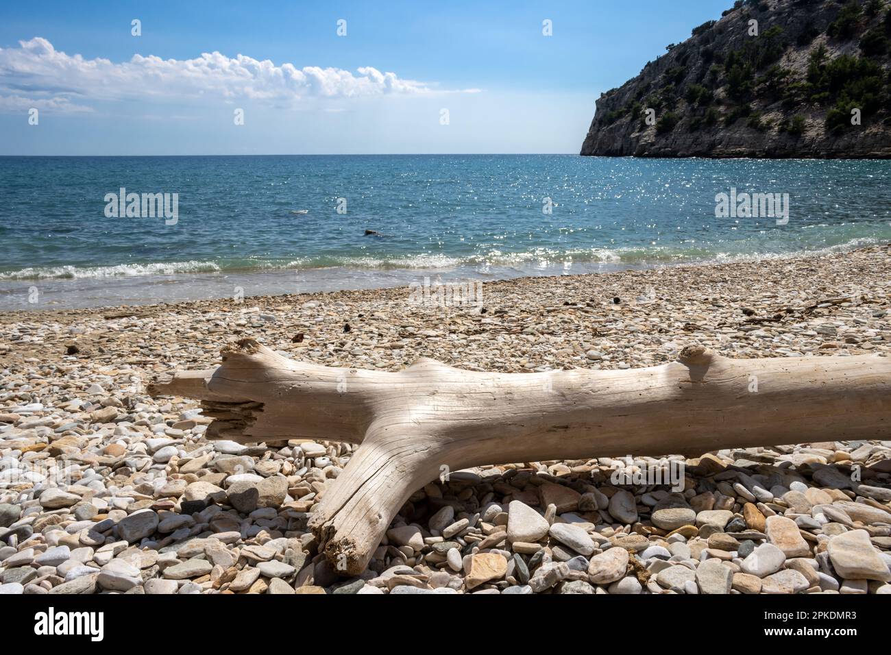 Sandy beach and calm water of Thracian sea (Mediterranean). Rock ...