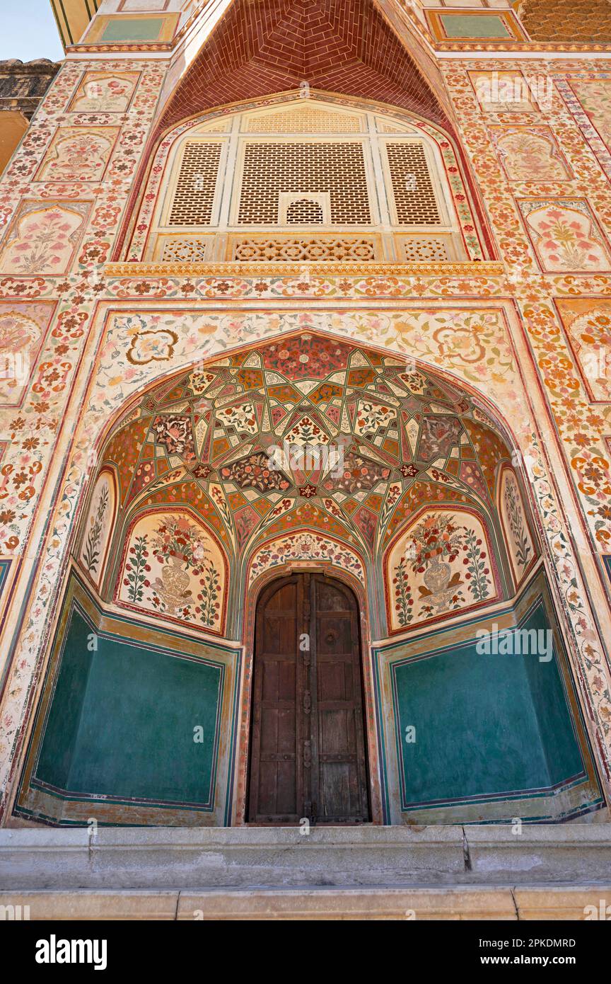 Colourful frescoes on Ganesh Pol or Ganesh gate. This entrance is the ...