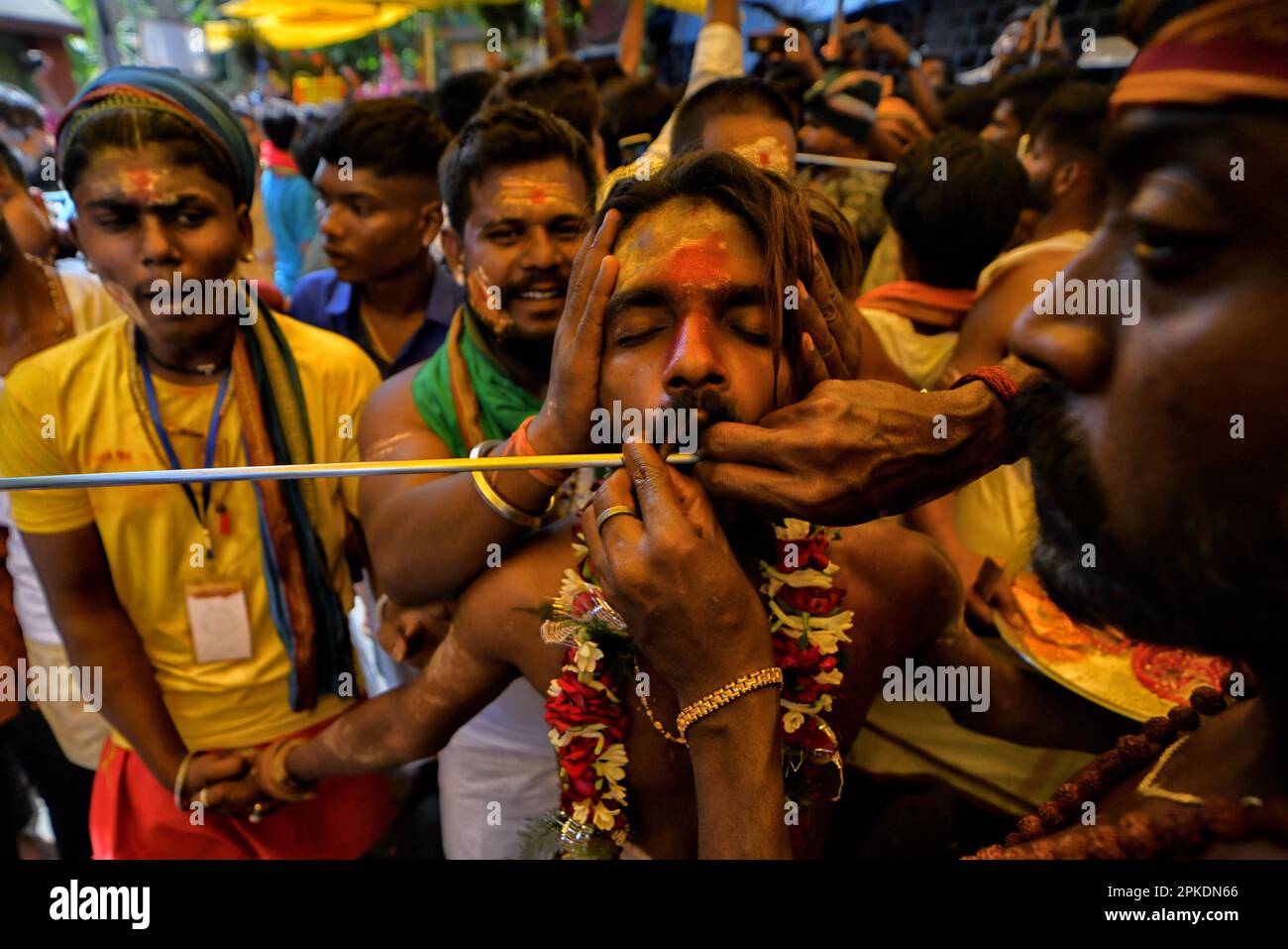 Bandel, India. 06th Apr, 2023. A devotee is seen getting pierced by a ...