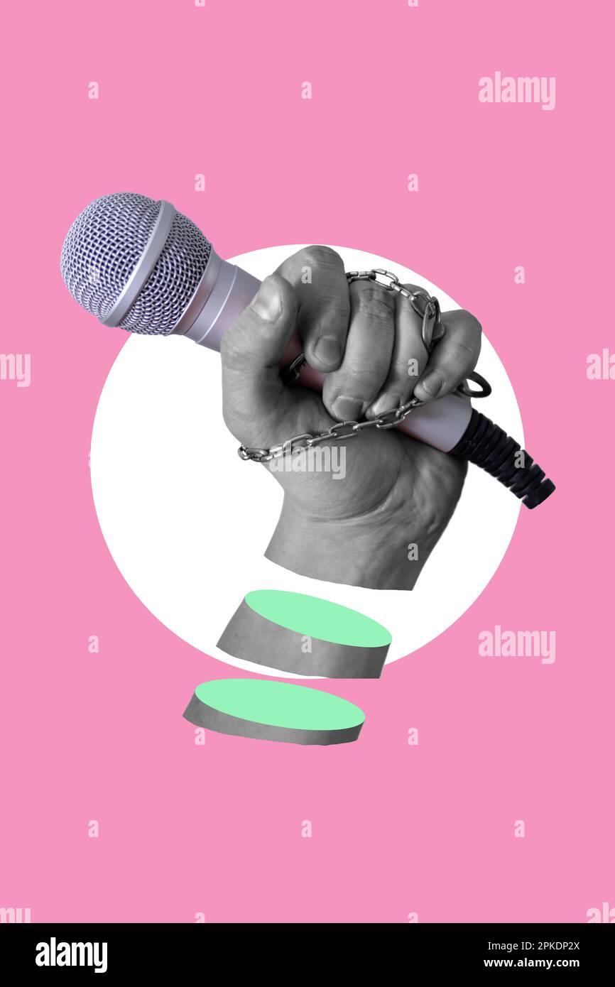 Collage art, the hand with the microphone on pink background. Modern ...