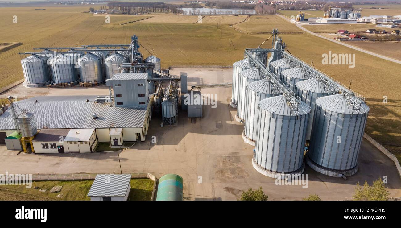 aerial panoramic view on silos and agro-industrial complex with grain ...