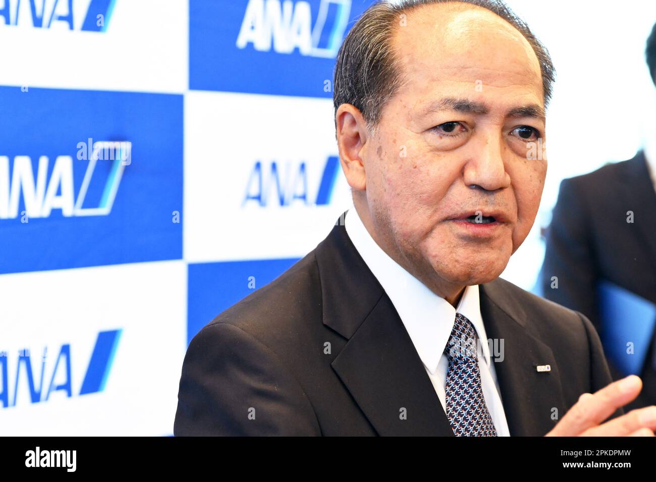 ANA Holdings President and CEO Koji SHIBATA giving coverage at the ANA Group entrance ceremony ...