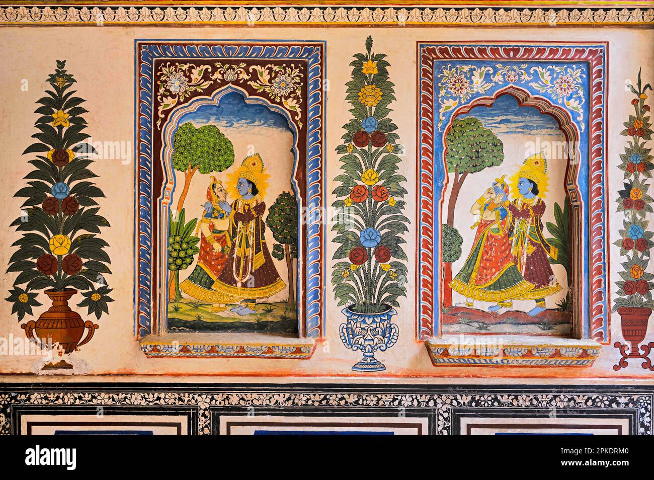 Colourful paintings of Lord Krishna with Radha on the inner wall of Dr ...