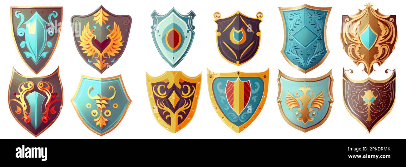 set vector illustration of shield multi colored with stone gem isolate ...