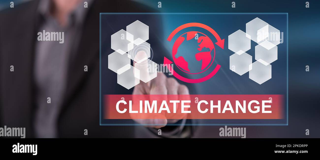 Man touching a climate change concept on a touch screen with his finger ...