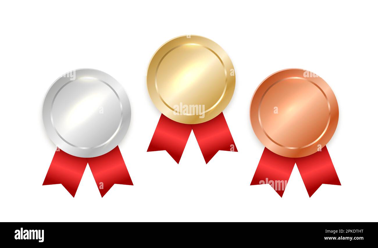 Blank medals. Empty gold silver bronze medal set. Vector metal winner ...