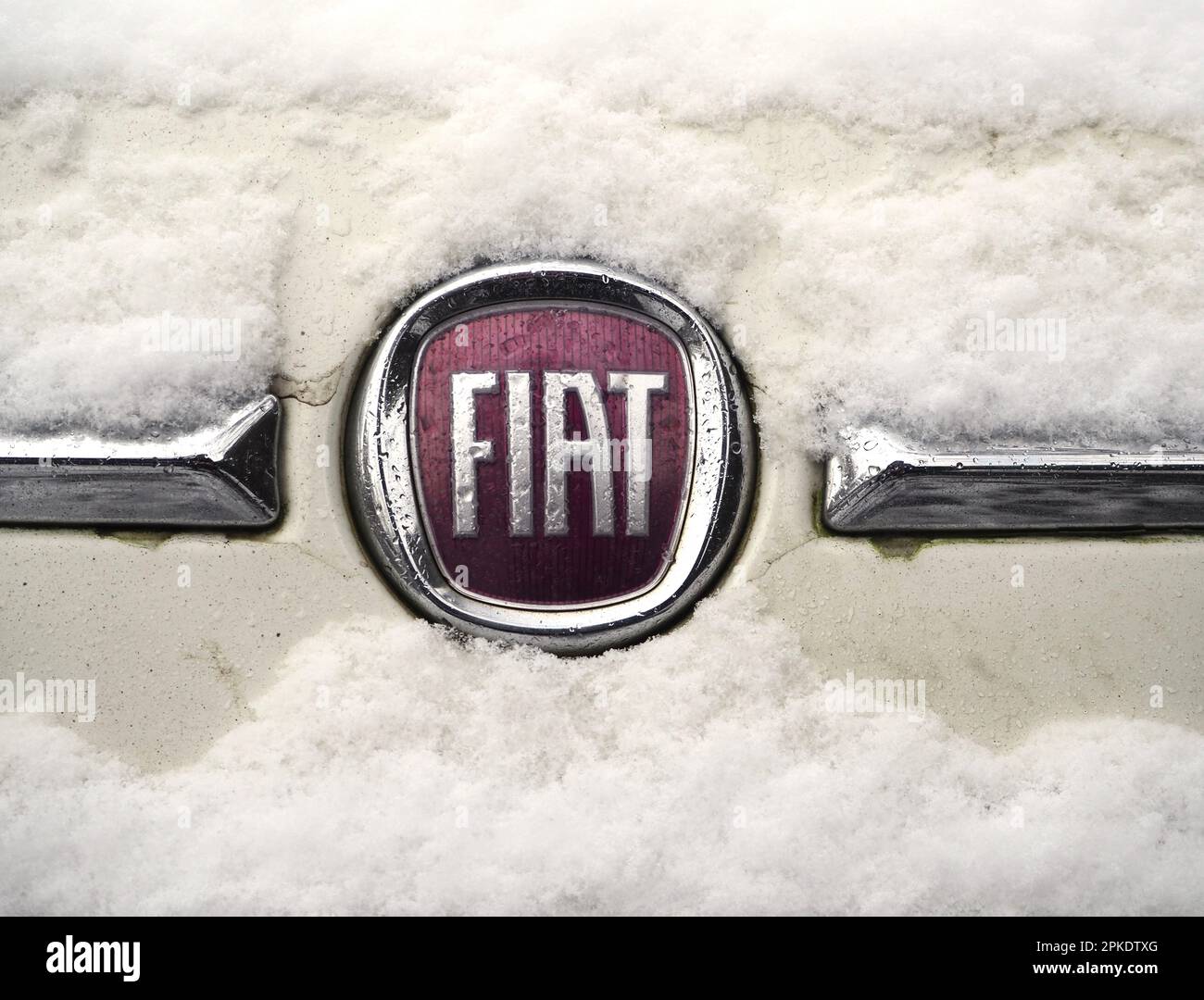 Front end of a Fiat car, covered in snow, showing the brand badge ...