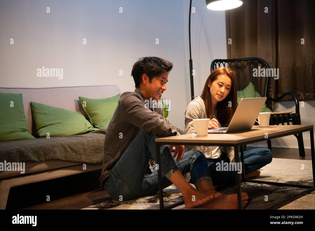 Couple watching computer together in the living room Stock Photo - Alamy