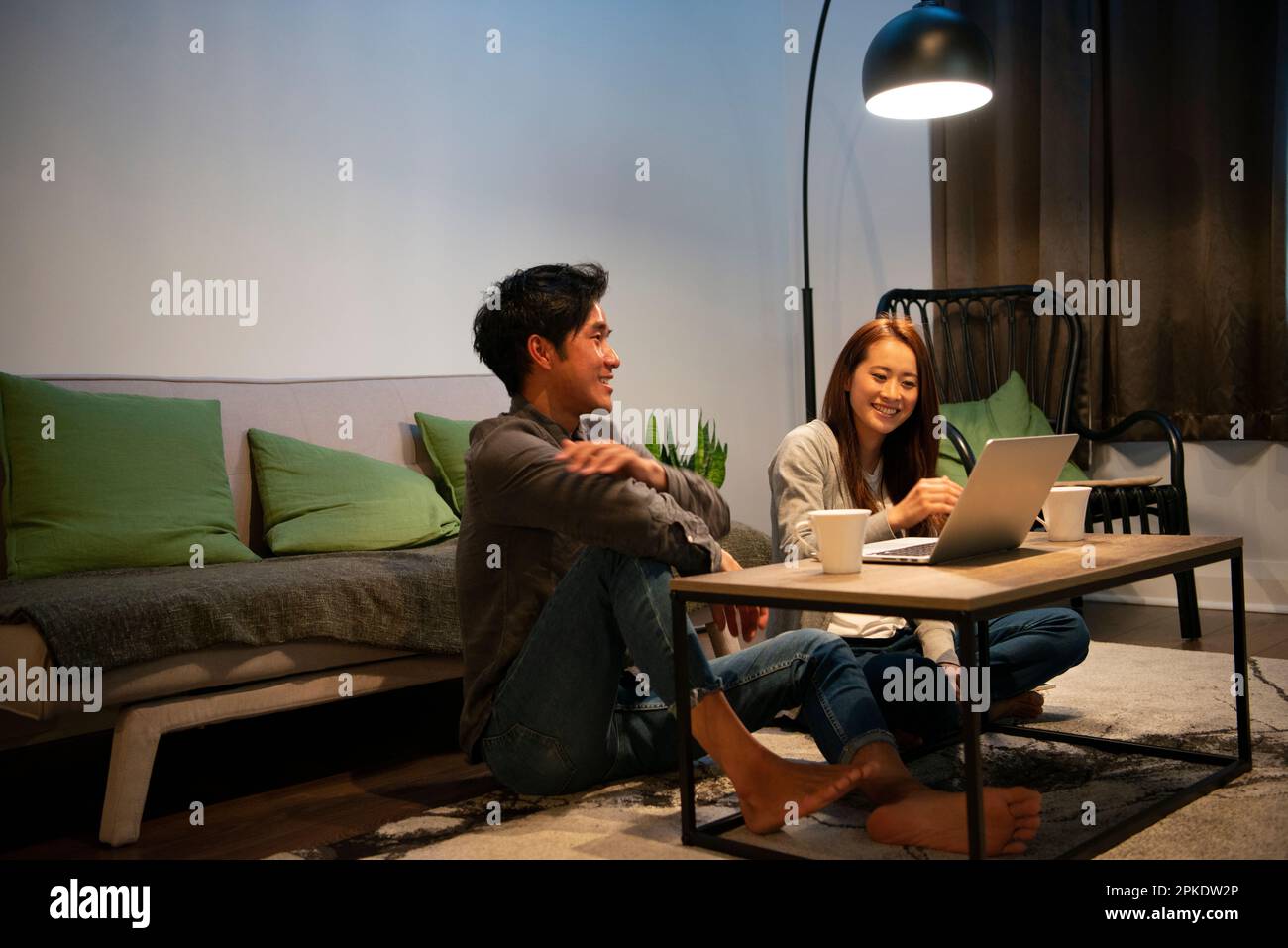 Couple watching computer together in the living room Stock Photo - Alamy