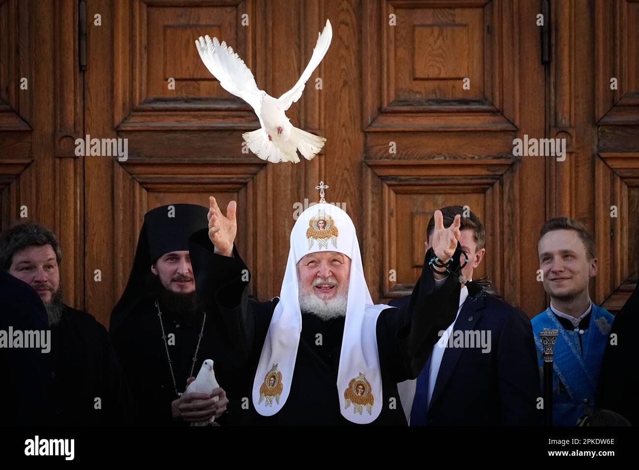 Russian Orthodox Church Patriarch Kirill releases a bird celebrating ...