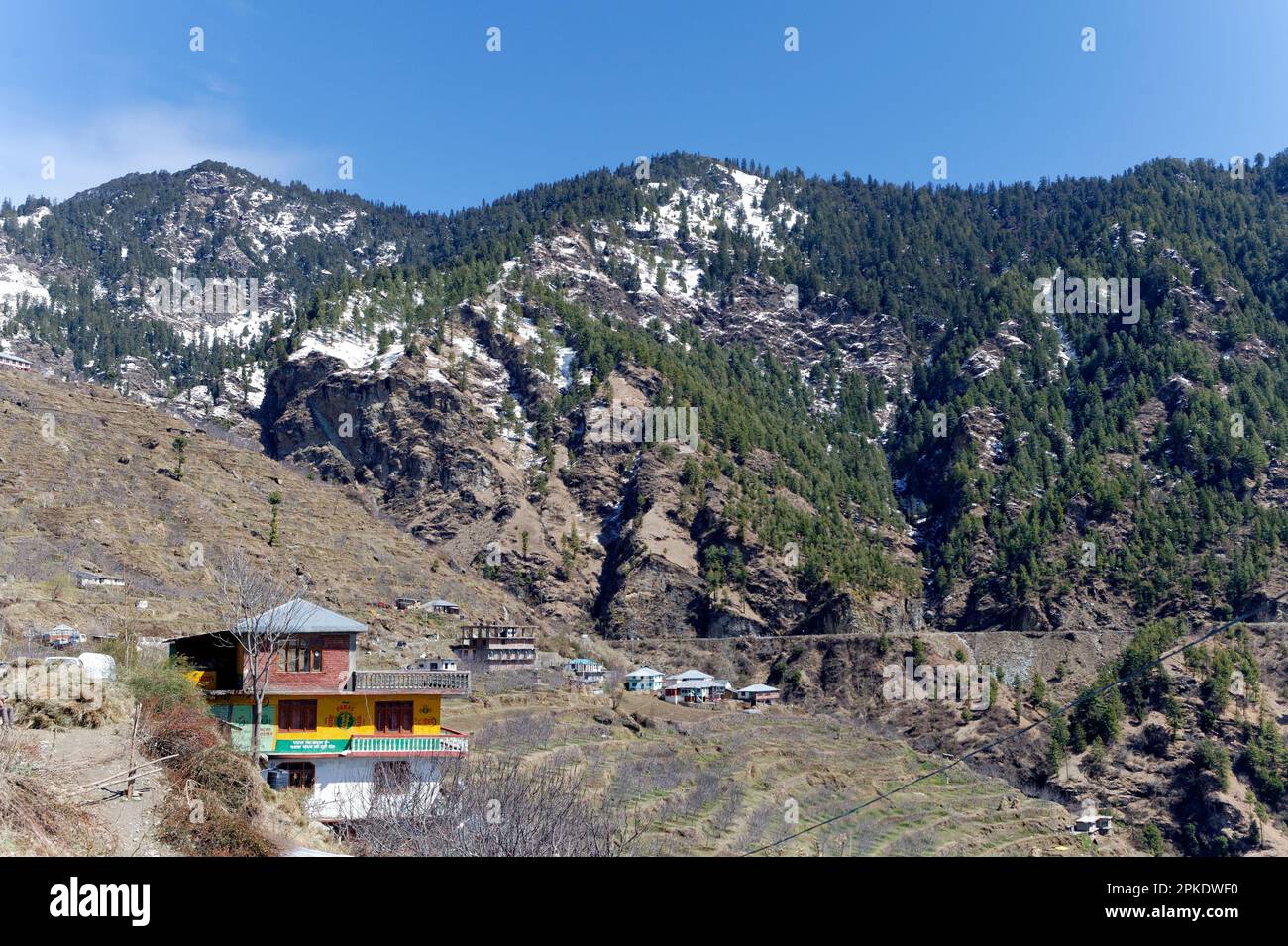 Himalayan landscape and snow covered terrace farming land in state ...