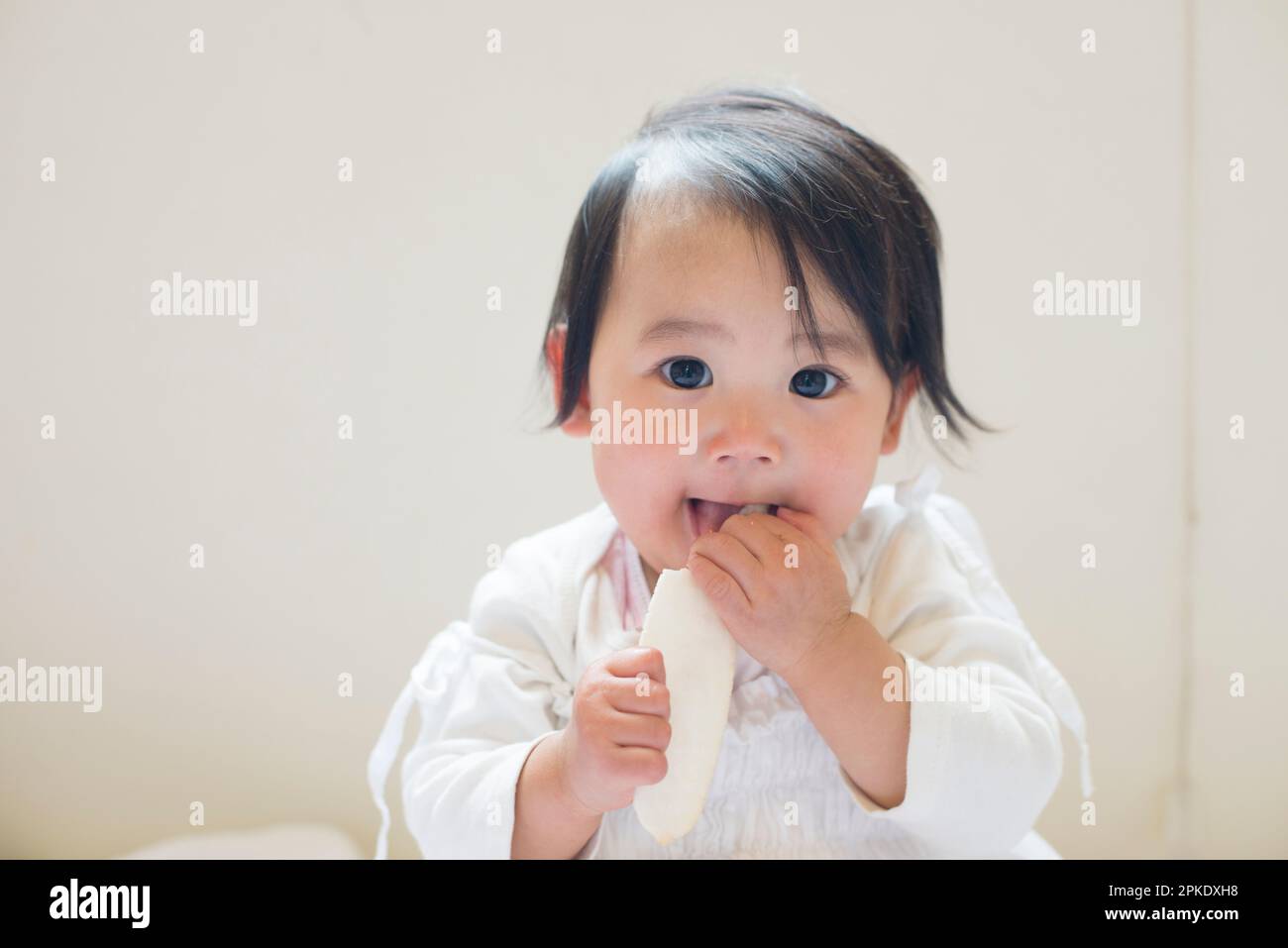 Baby eating cracker Stock Photo - Alamy