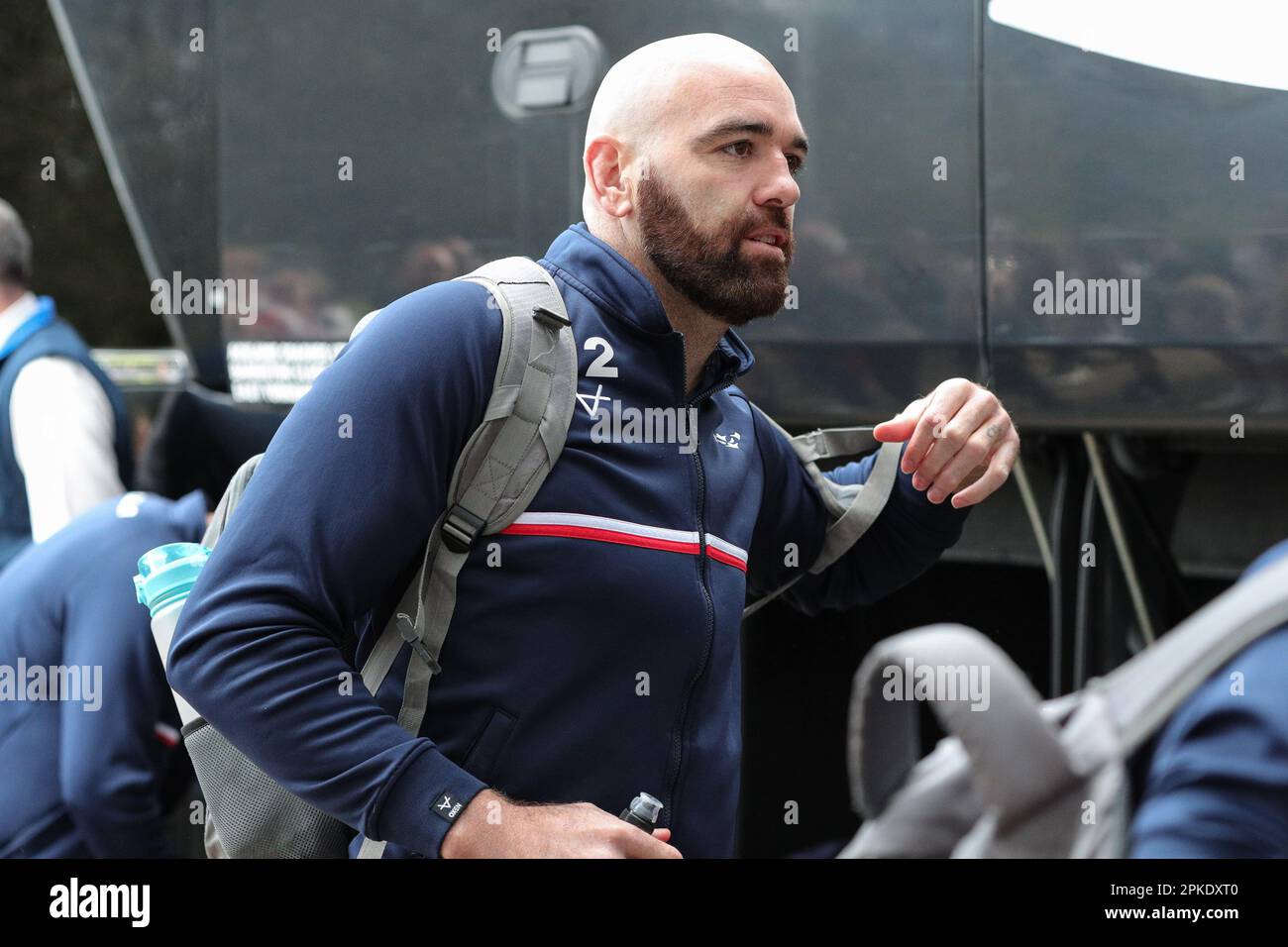 Kane Linnett #12 of Hull KR arrives at The MKM Stadium ahead of the ...