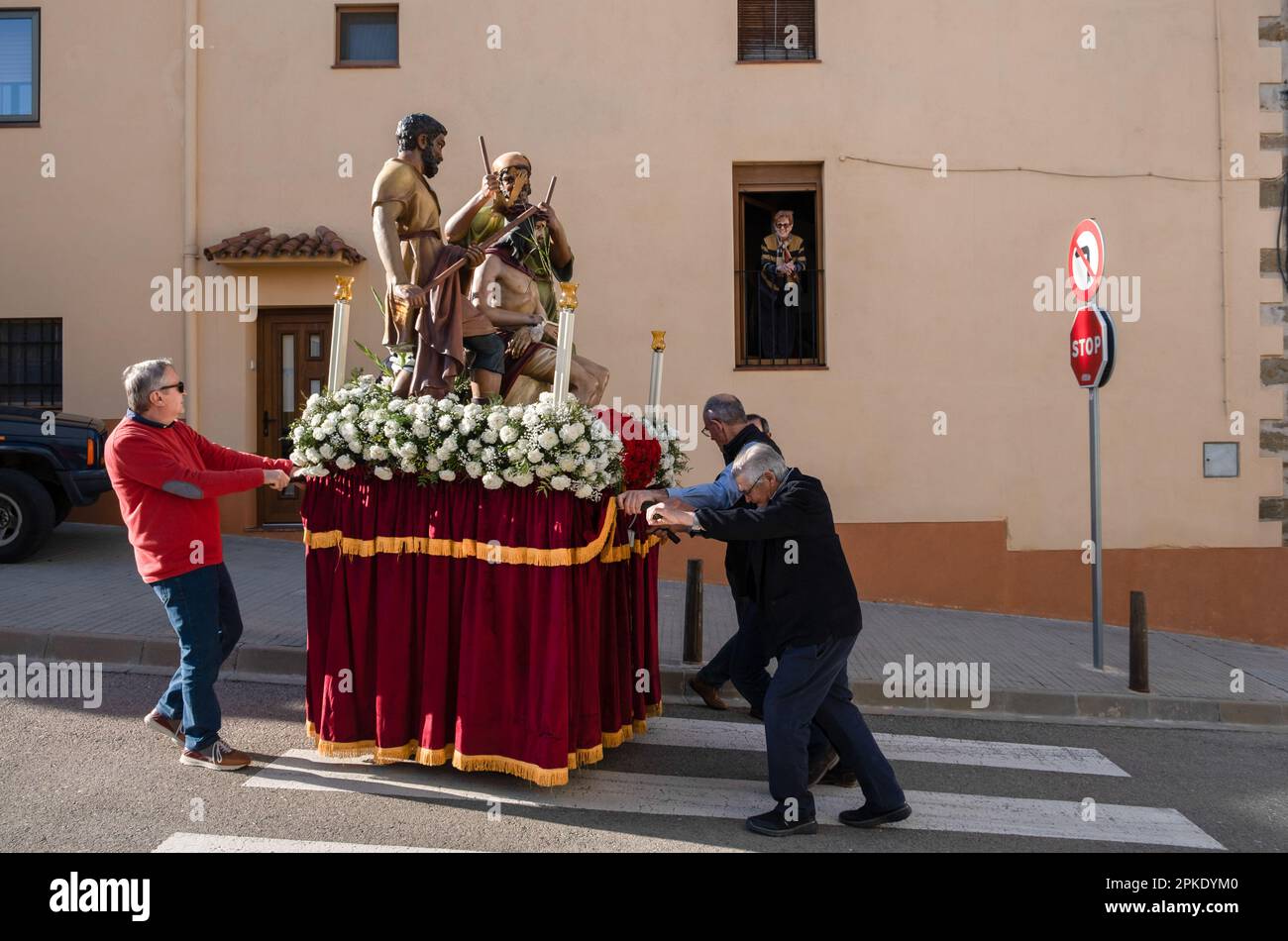Verges, Spain. 06th Apr, 2023. A group of men are seen carrying one of ...