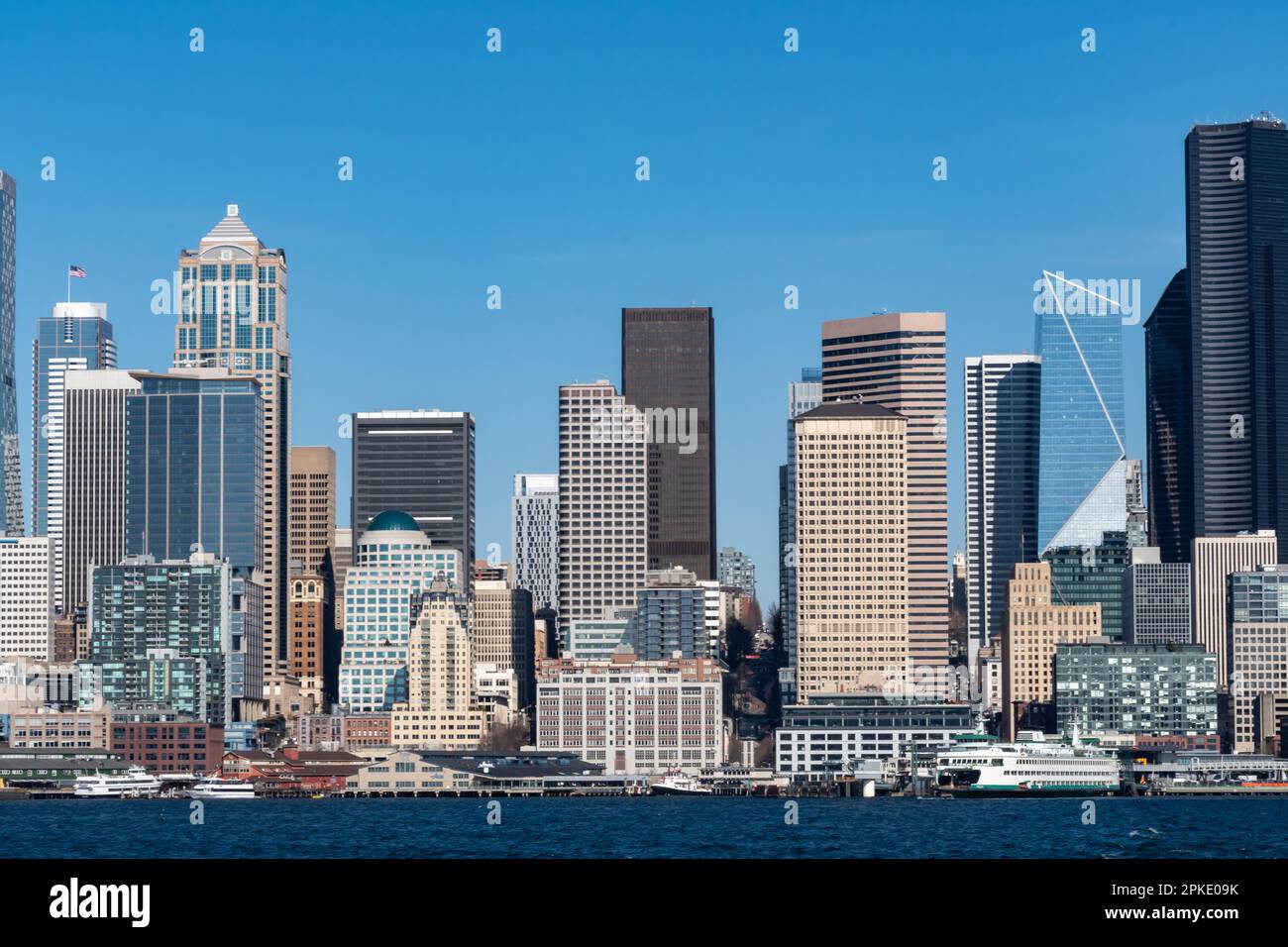 A wide-angle landscape shot of the Downtown Seattle skyline showing ...