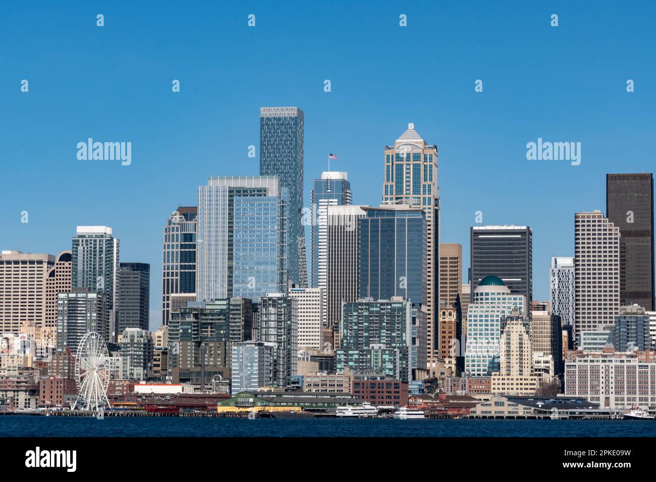 A wide-angle landscape shot of the Downtown Seattle skyline showing ...