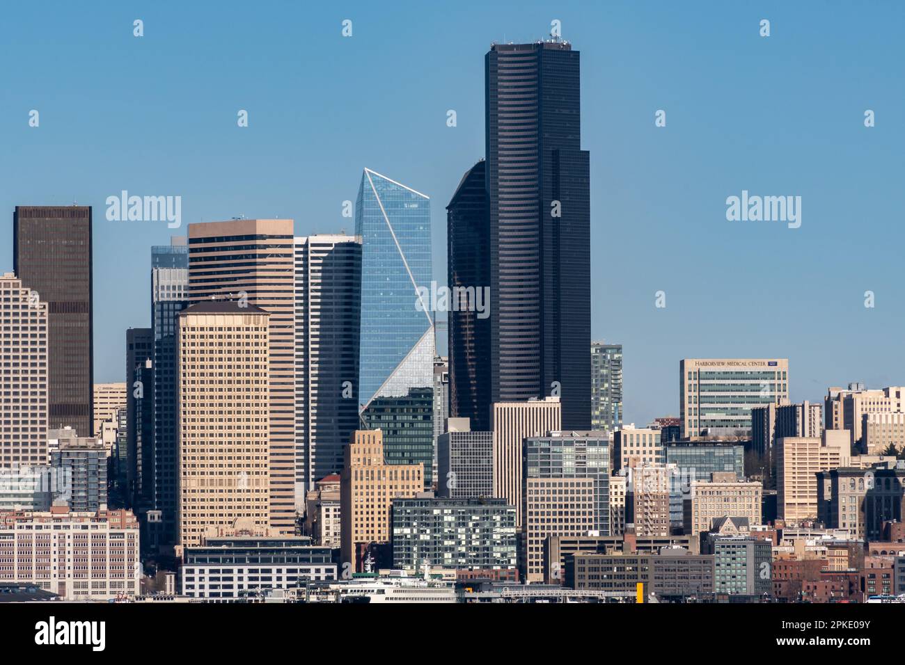 A wide-angle landscape shot of the Downtown Seattle skyline showing ...