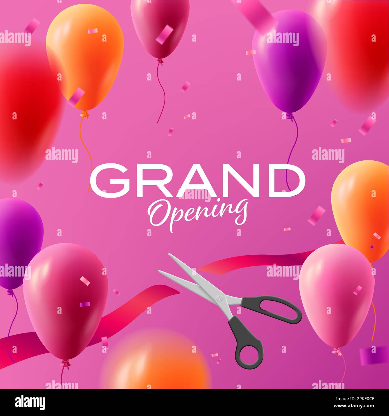 Grand opening banner with 3d illustration of air balloons with confetti ...