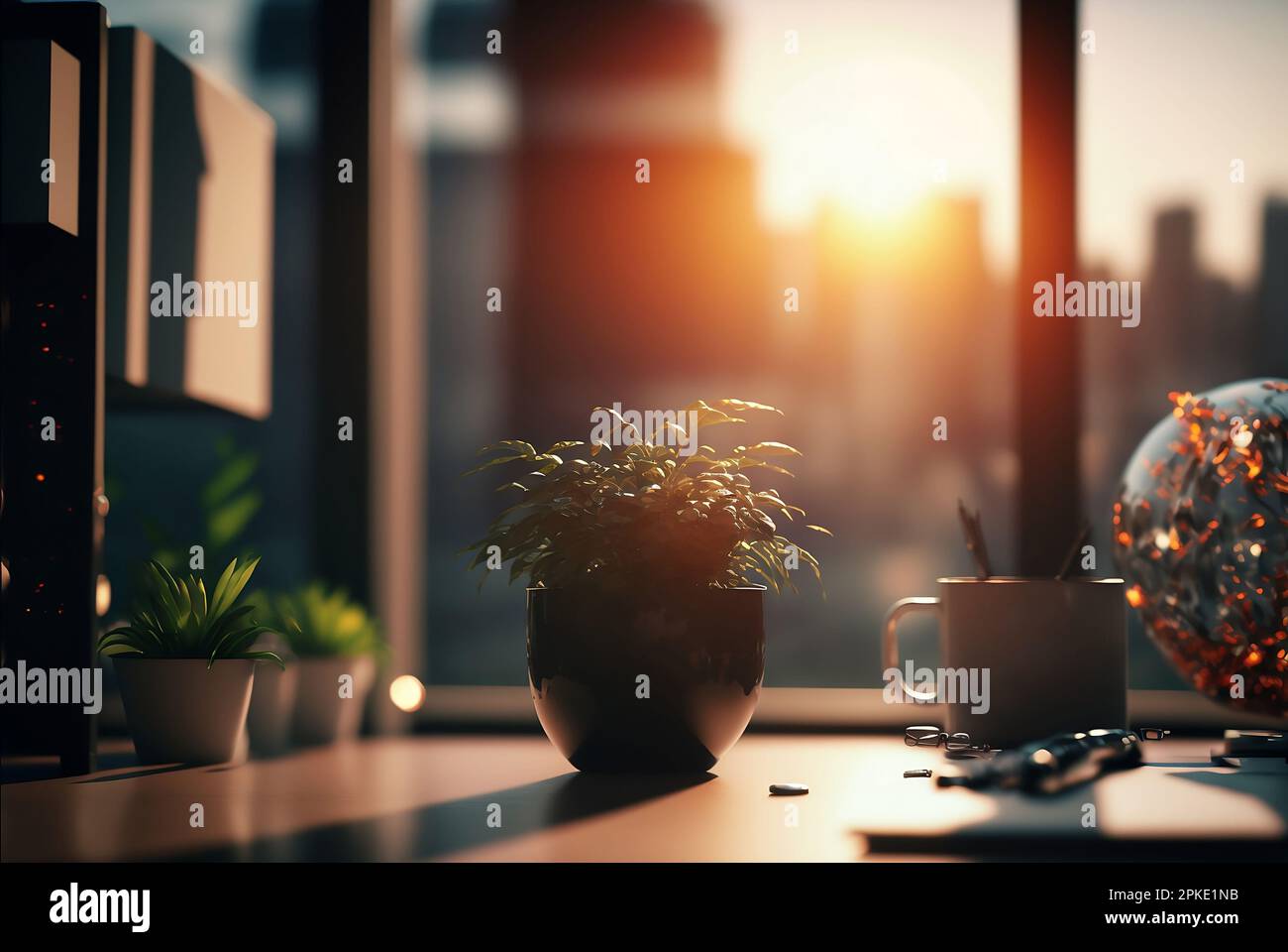 Sun Streaming In Office Through Windows During Sunset. empty office ...
