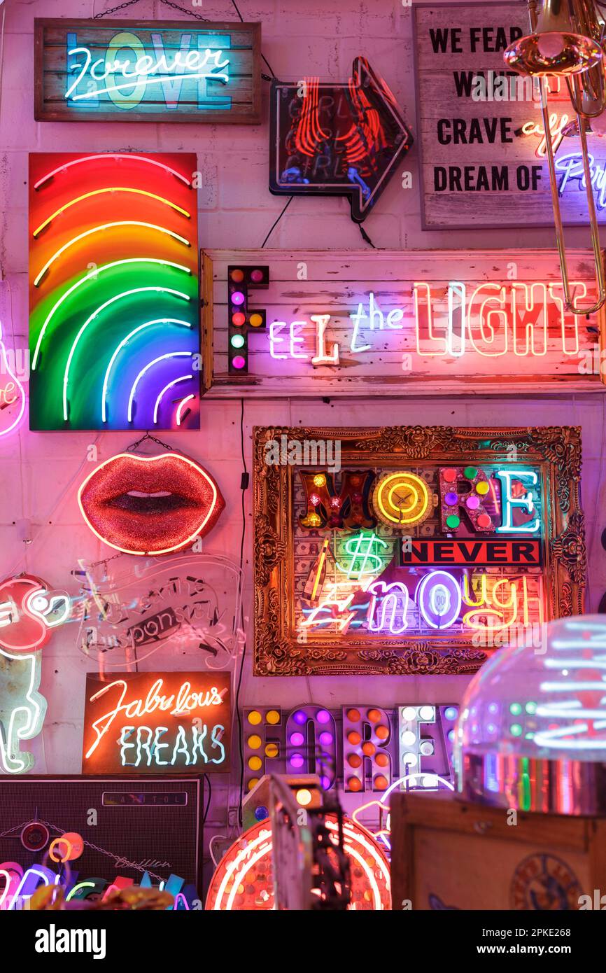 Room full of bright colourful neon signs, Gods Own Junkyard, London, UK ...